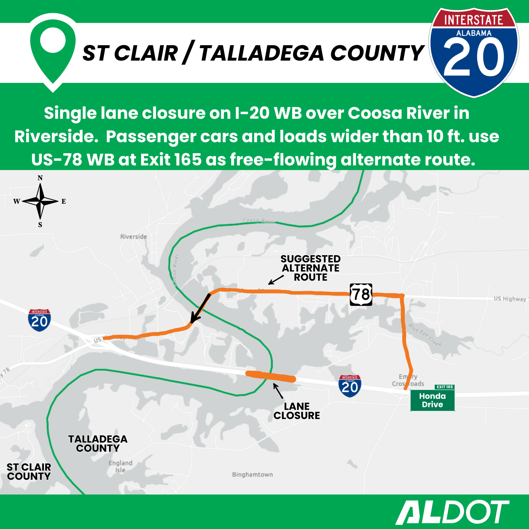 I-20 bridge lane closure at the Coosa River could last a week