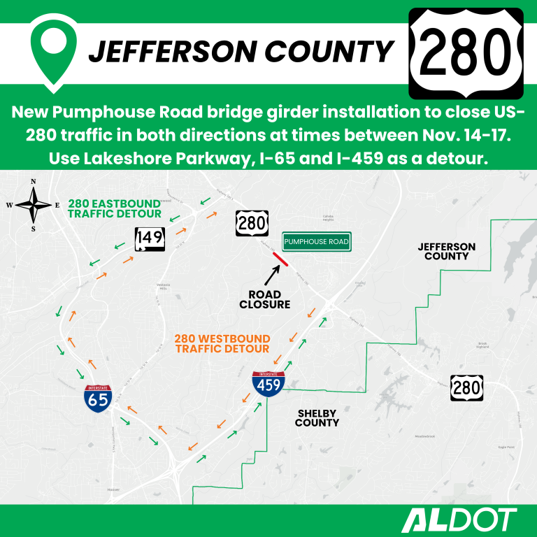 ALDOT is closing US-280 at Pumphouse Road for bridge work