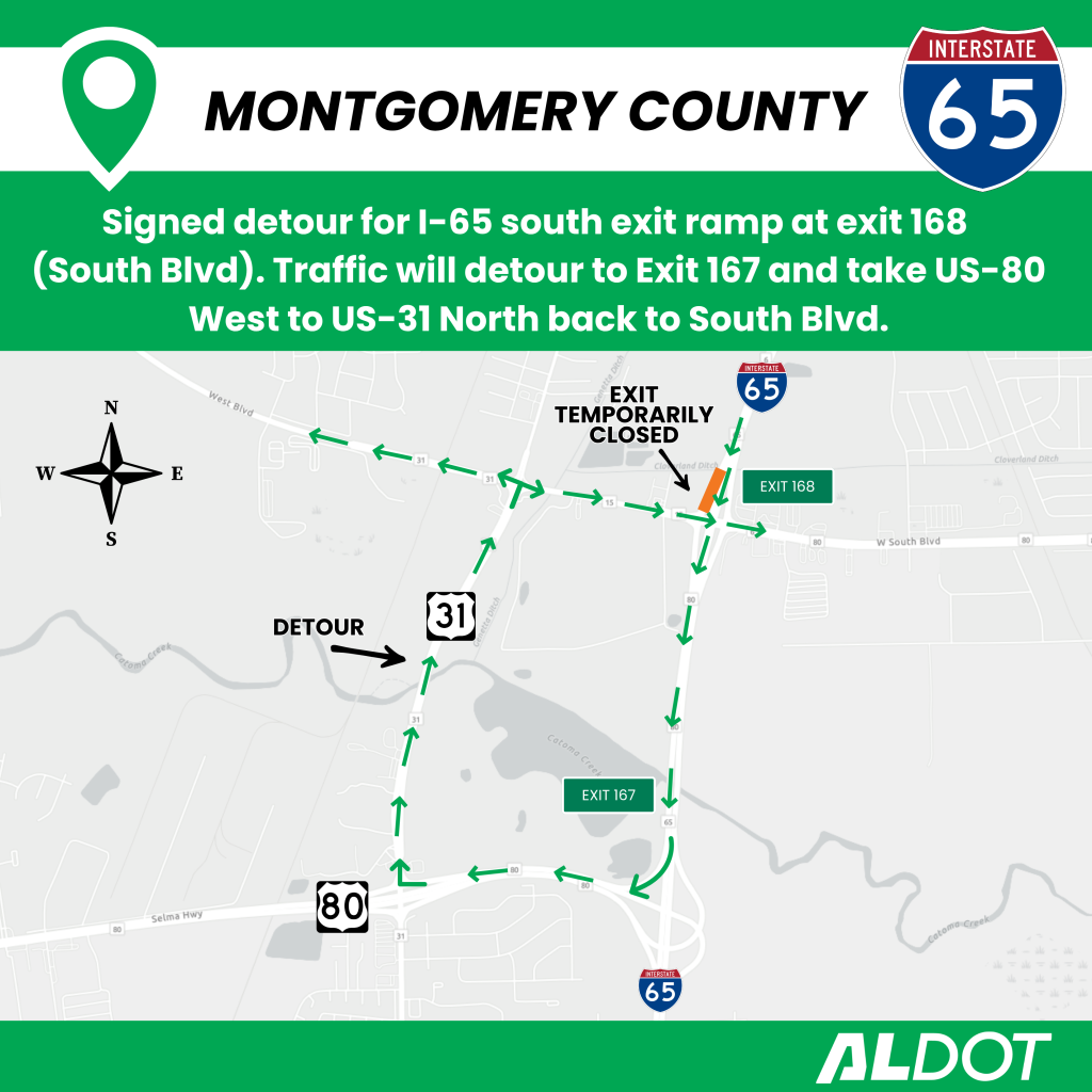 Update: I-65 south exit 168 off ramp closing Monday - ALDOT News Hub